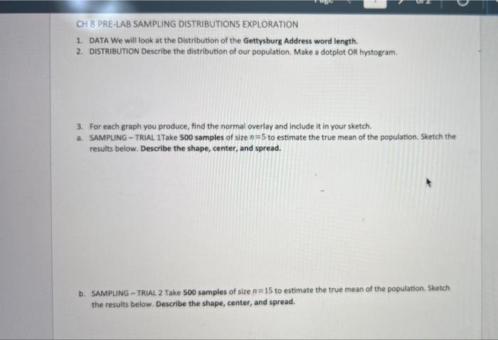 Solved CH 8 PRE-LAB SAMPLING DISTRIBUTIONS EXPLORATION 1. | Chegg.com