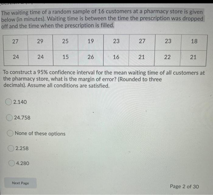 Solved The waiting time of a random sample of 16 customers | Chegg.com
