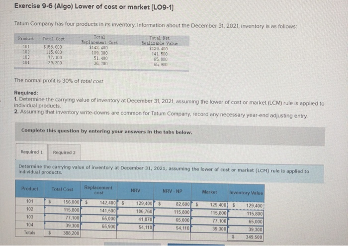 Solved Exercise 9-6 (Algo) Lower of cost or market (LO9-1] | Chegg.com