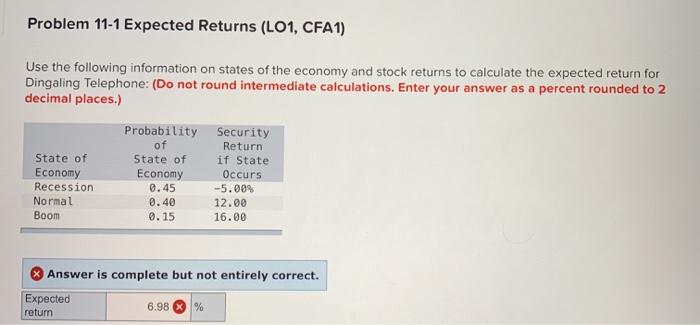 Solved Problem 11-1 Expected Returns (L01, CFA1) Use the | Chegg.com