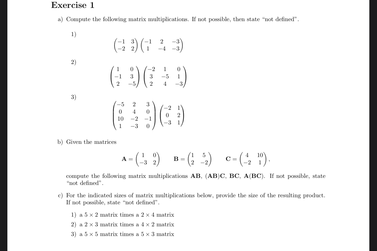 Solved Exercise 1a) ﻿Compute the following matrix | Chegg.com