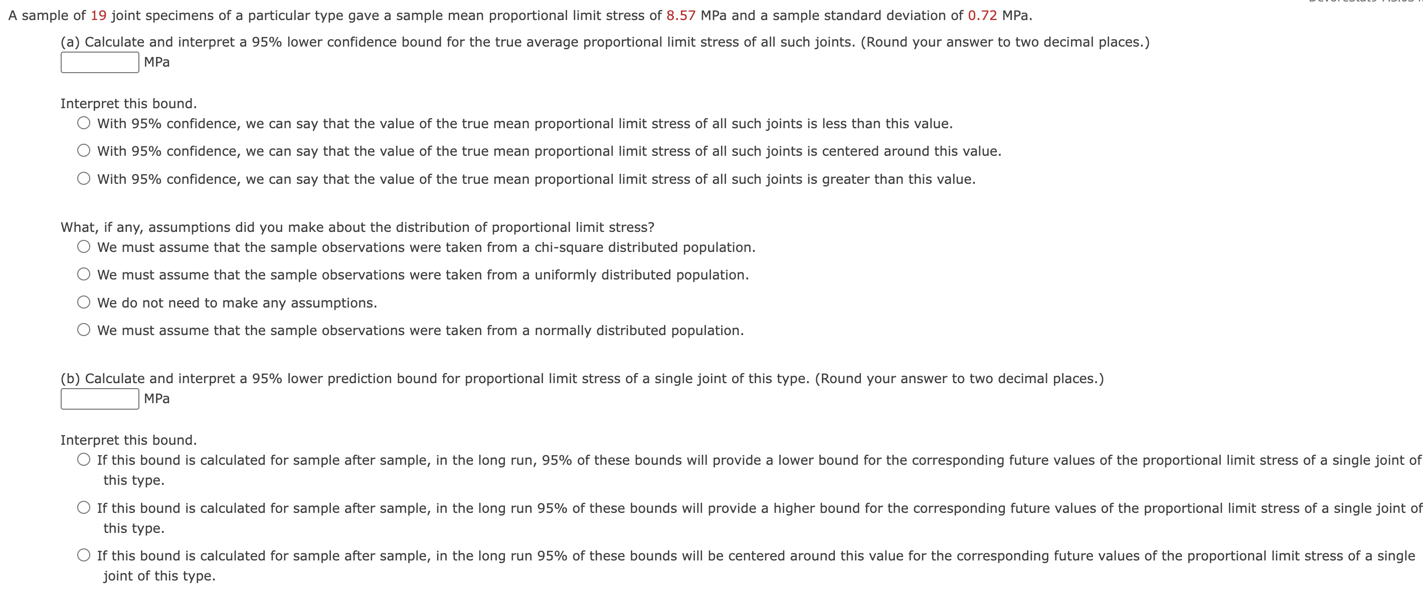 Solved A sample of 19 ﻿joint specimens of a particular type | Chegg.com