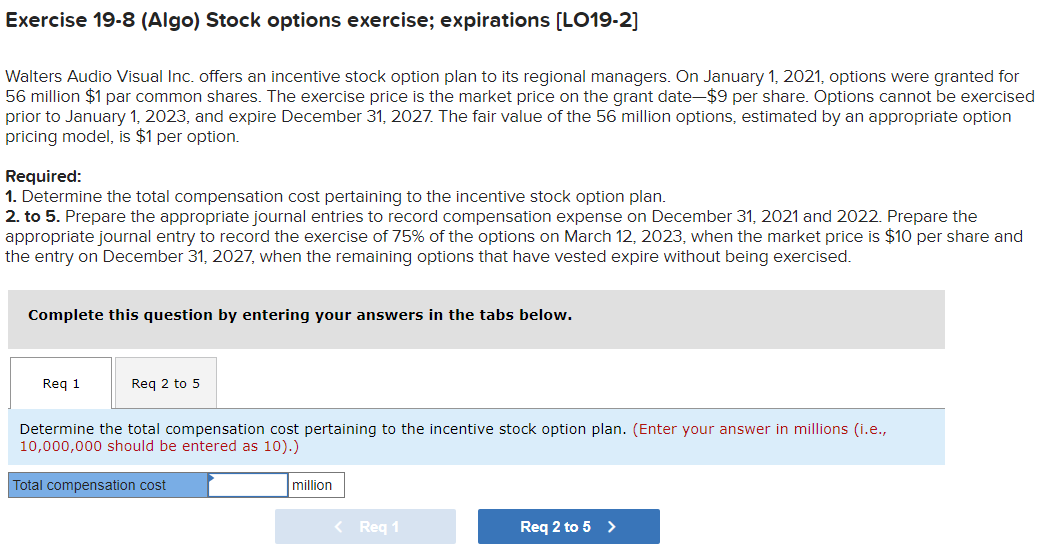 Solved Exercise 19-8 (Algo) ﻿Stock options exercise; | Chegg.com