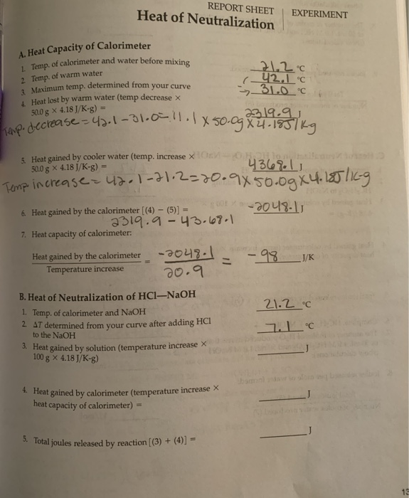 Solved B. Heat of Neutralization of HCl-NaOH 1. Temp. of | Chegg.com