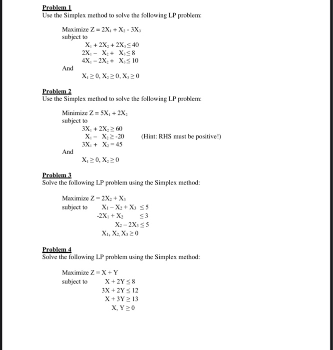 Solved Problem 1 Use the Simplex method to solve the | Chegg.com