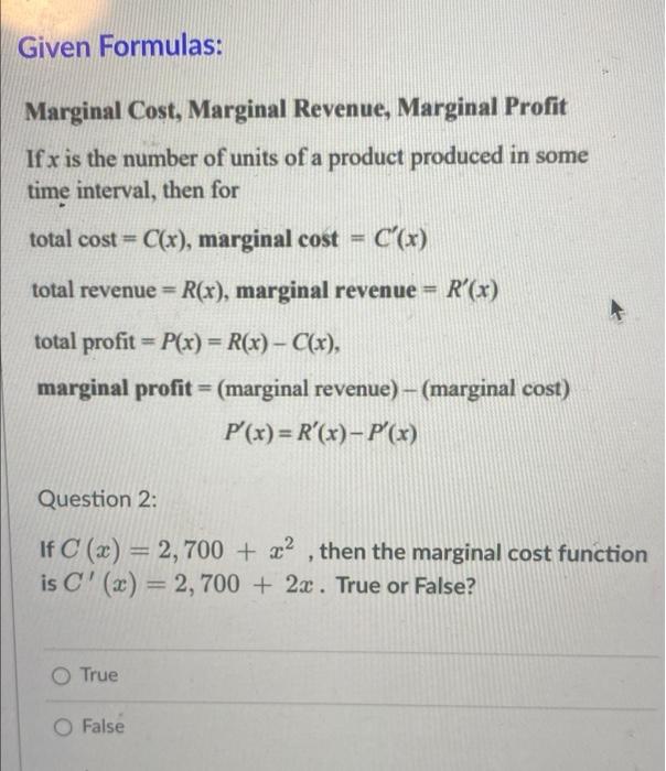 Solved Given Formulas: Marginal Cost, Marginal Revenue, | Chegg.com