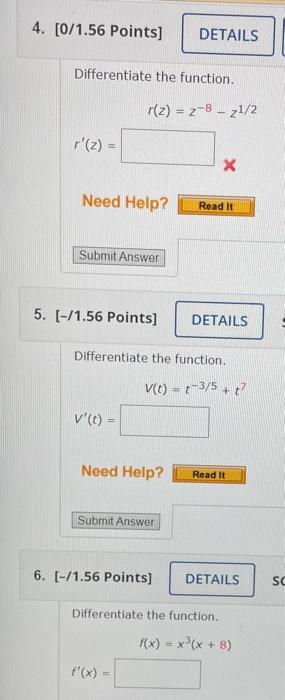 Solved Differentiate the function. r(z)=z−8−z1/2 r′(z)= | Chegg.com