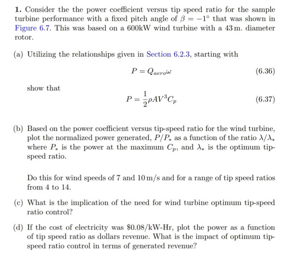 Solved Consider the the power coefficient versus tip speed | Chegg.com
