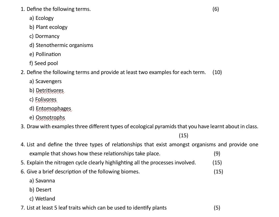 Solved 1. Define the following terms. a) Ecology b) Plant | Chegg.com