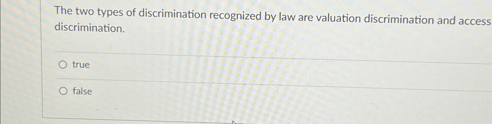 Solved The two types of discrimination recognized by law are | Chegg.com