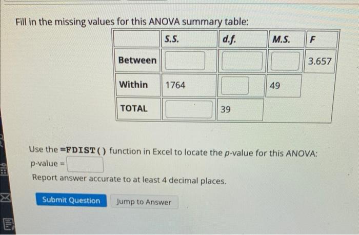 Solved Fill In The Missing Values For This Anova Summary