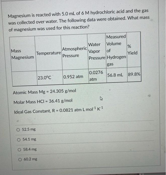 Solved Magnesium is reacted with 5.0 mL of 6M hydrochloric | Chegg.com
