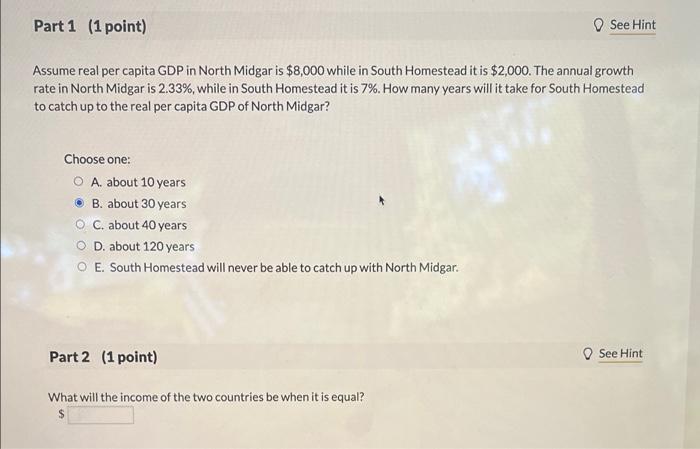 Solved Part 1 (1 point) See Hint Assume real per capita GDP | Chegg.com
