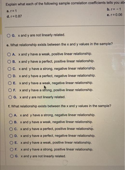 Solved Explain what each of the following sample correlation | Chegg.com