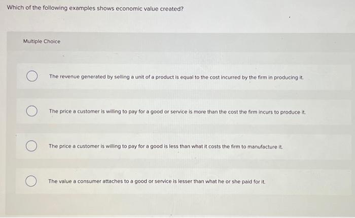 Solved Which of the following examples shows economic value | Chegg.com