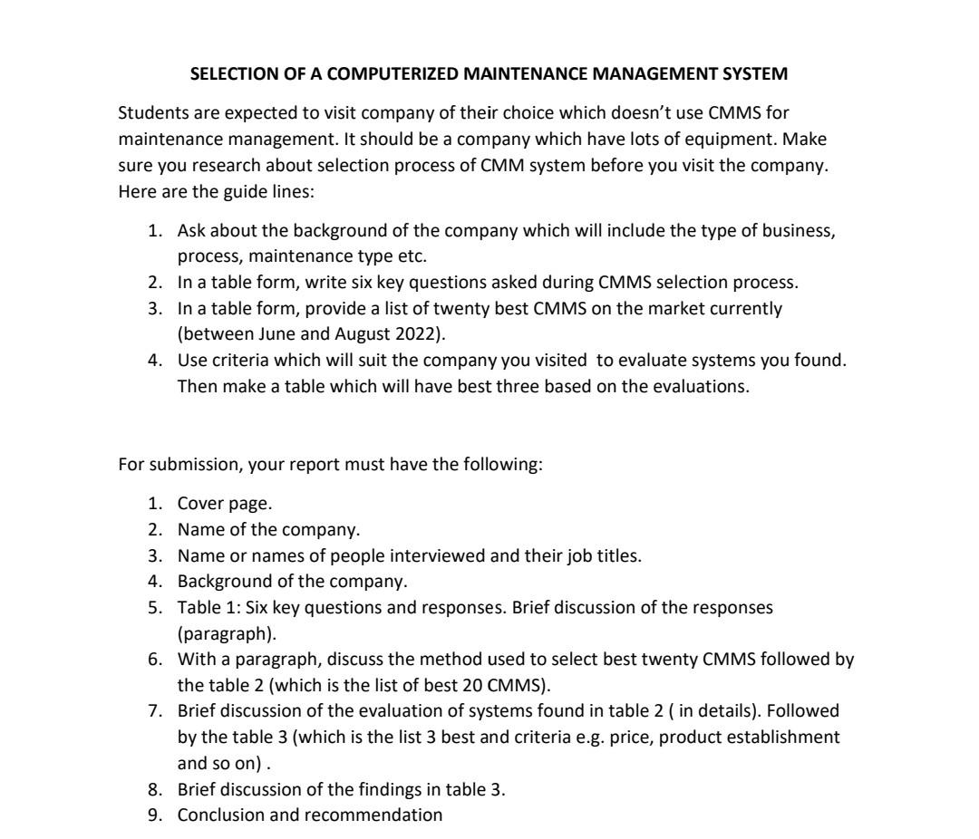 Solved SELECTION OF A COMPUTERIZED MAINTENANCE MANAGEMENT | Chegg.com