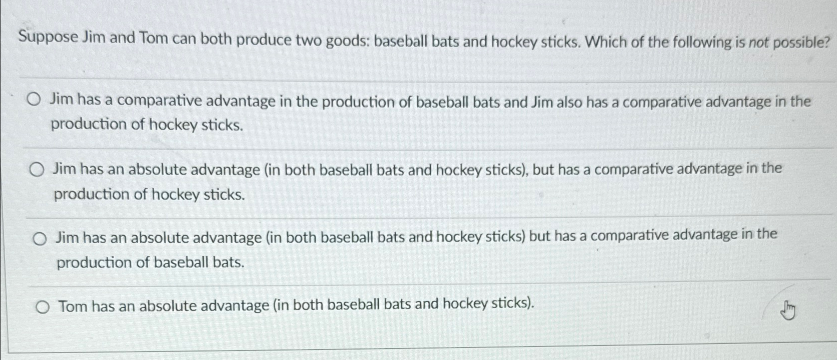Solved Suppose Jim and Tom can both produce two goods: | Chegg.com