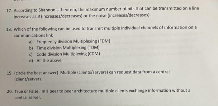 Solved 17. According to Shannon's theorem, the maximum | Chegg.com