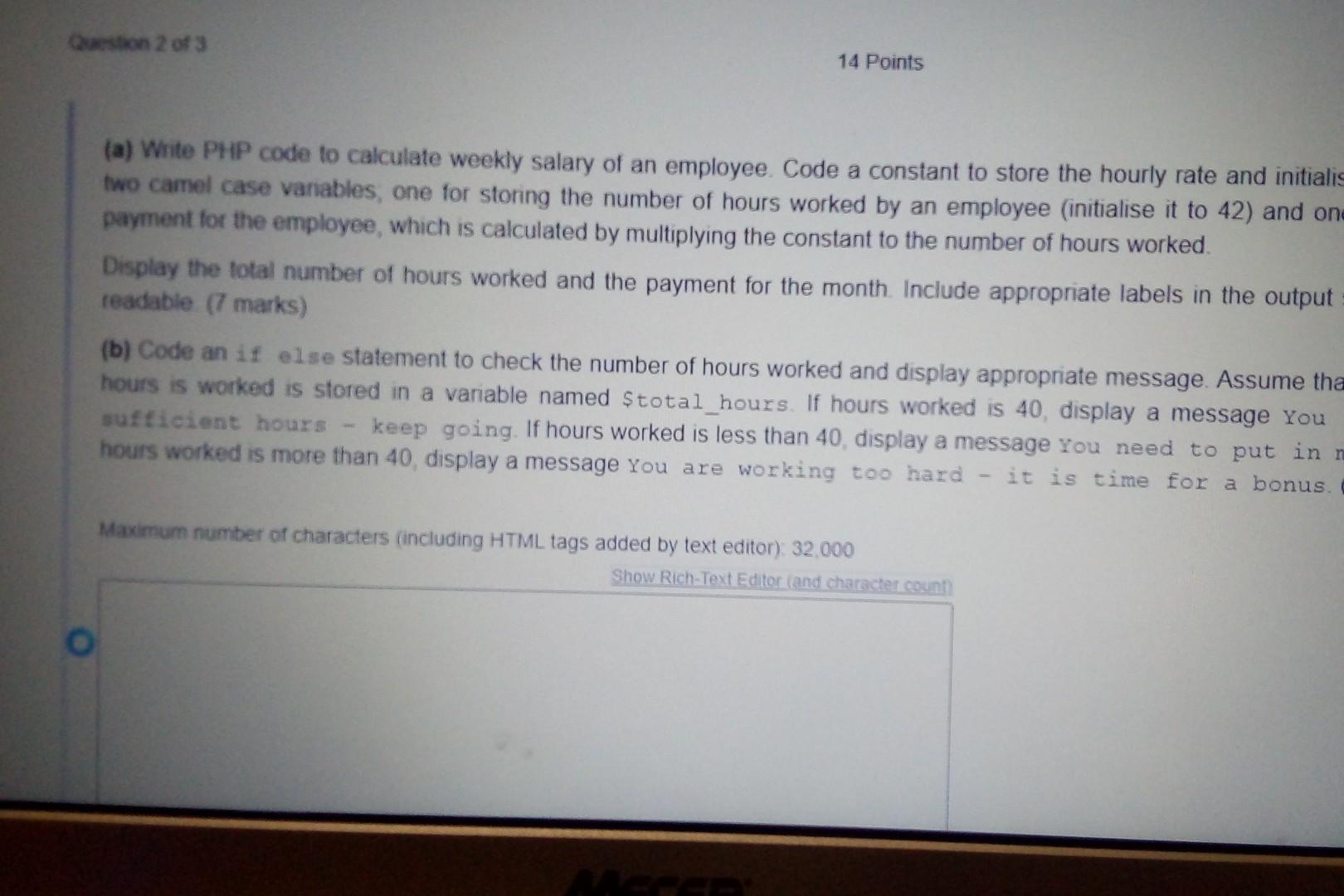 Solved Question 2 of 3 14 Points (a) Write PHP code to | Chegg.com