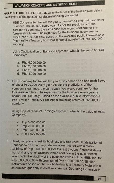 Solved VALUATION CONCEPTS AND METHODOLOGIES MULTIPLE CHOICE | Chegg.com