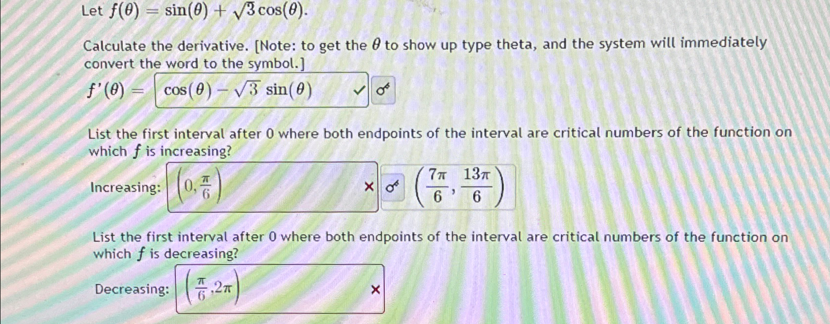 Solved Let f(θ)=sin(θ)+32cos(θ).Calculate the derivative. | Chegg.com