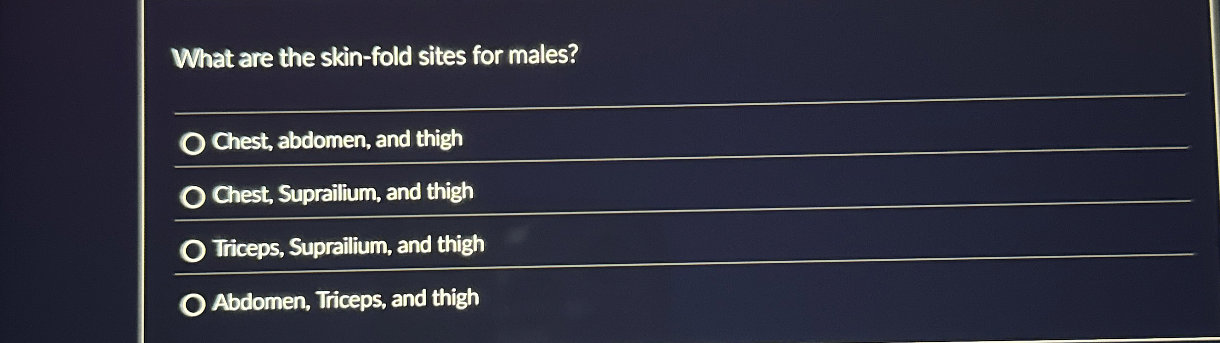 Solved What are the skin-fold sites for males?Chest, | Chegg.com