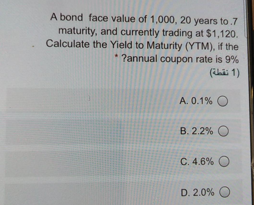 Solved A bond face value of 1,000, 20 years to.7 maturity, | Chegg.com