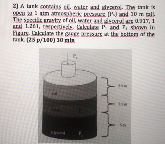 Solved 2) A tank contains oil, water and glycerol. The tank | Chegg.com