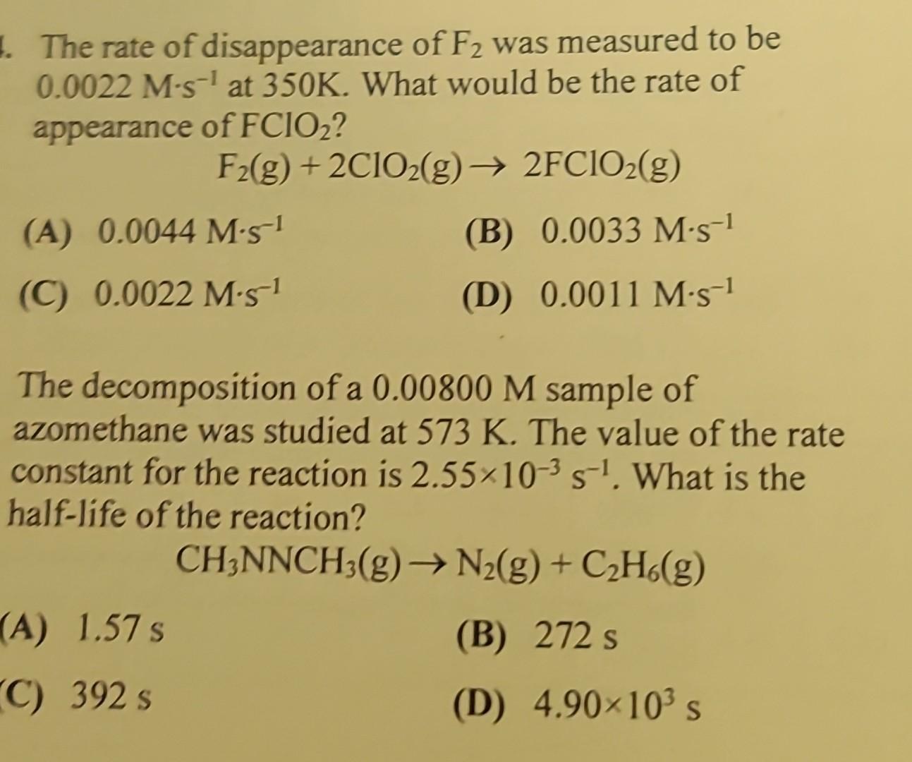 Solved The rate of disappearance of \\( F_{2} \\) was | Chegg.com