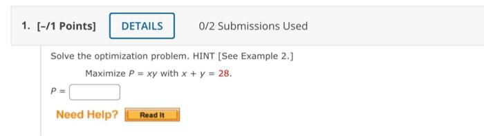Solved Solve the optimization problem. HINT [See Example 2.] | Chegg.com