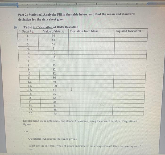 Solved Part 2: Statistical Analysis: Fill in the table | Chegg.com