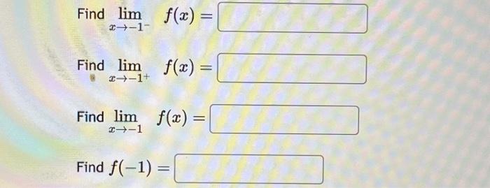 Solved Find lim x-1- f(x) = Find lim f(x) = x⇒-1+ Find lim | Chegg.com