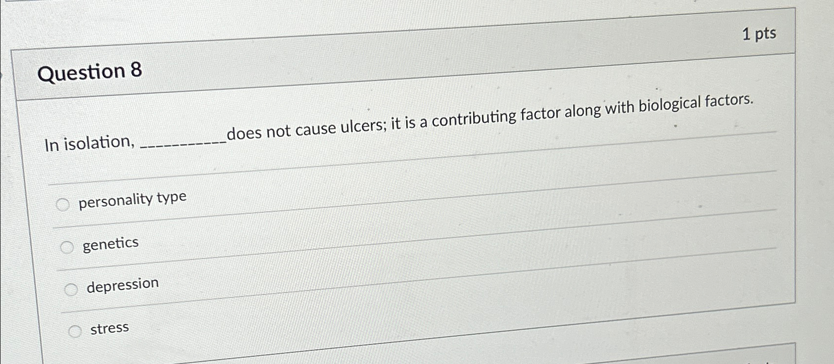 Solved 1 ﻿ptsQuestion 8In isolation, does not cause ulcers; | Chegg.com