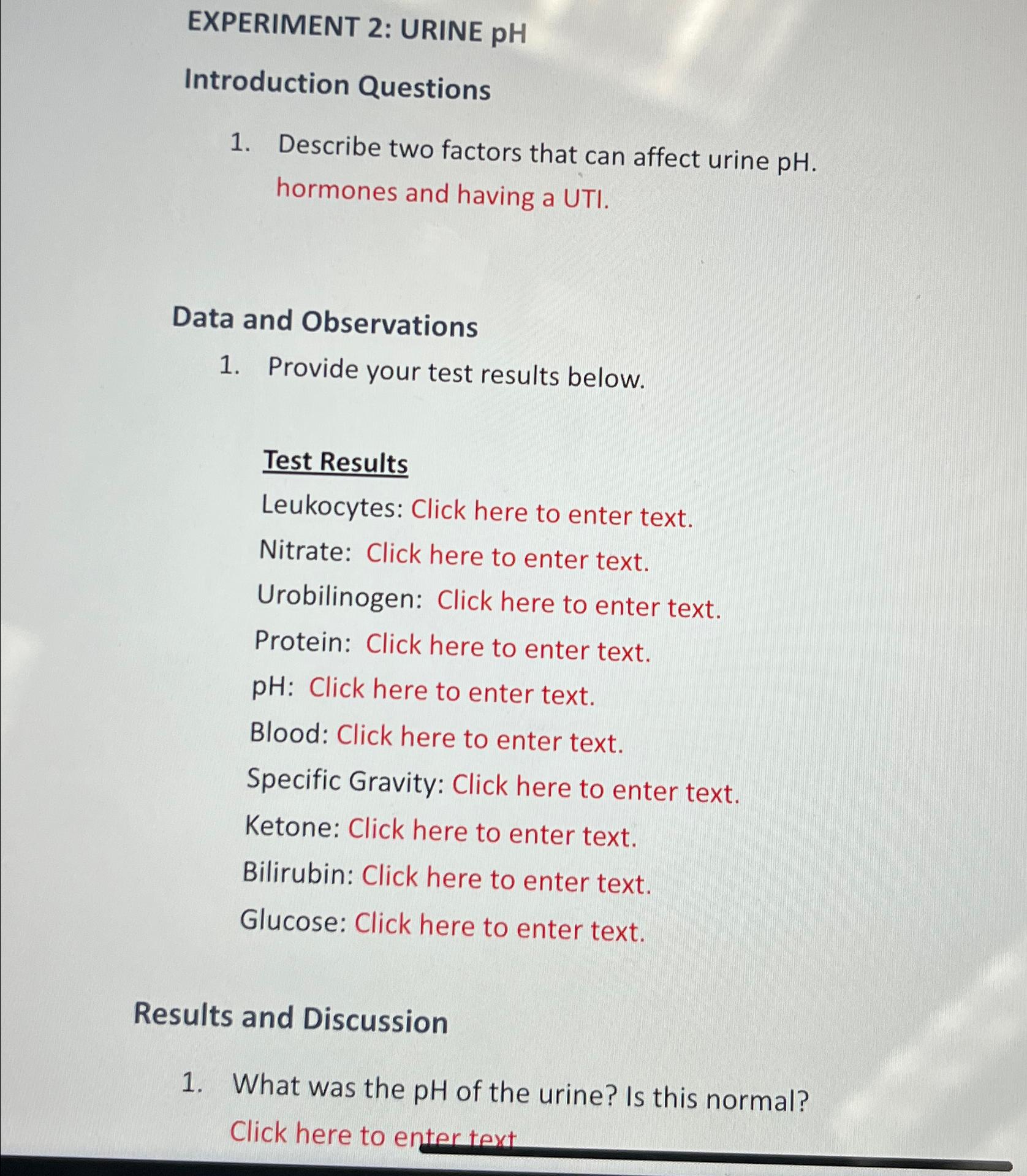 Solved EXPERIMENT 2: URINE pHIntroduction QuestionsDescribe | Chegg.com