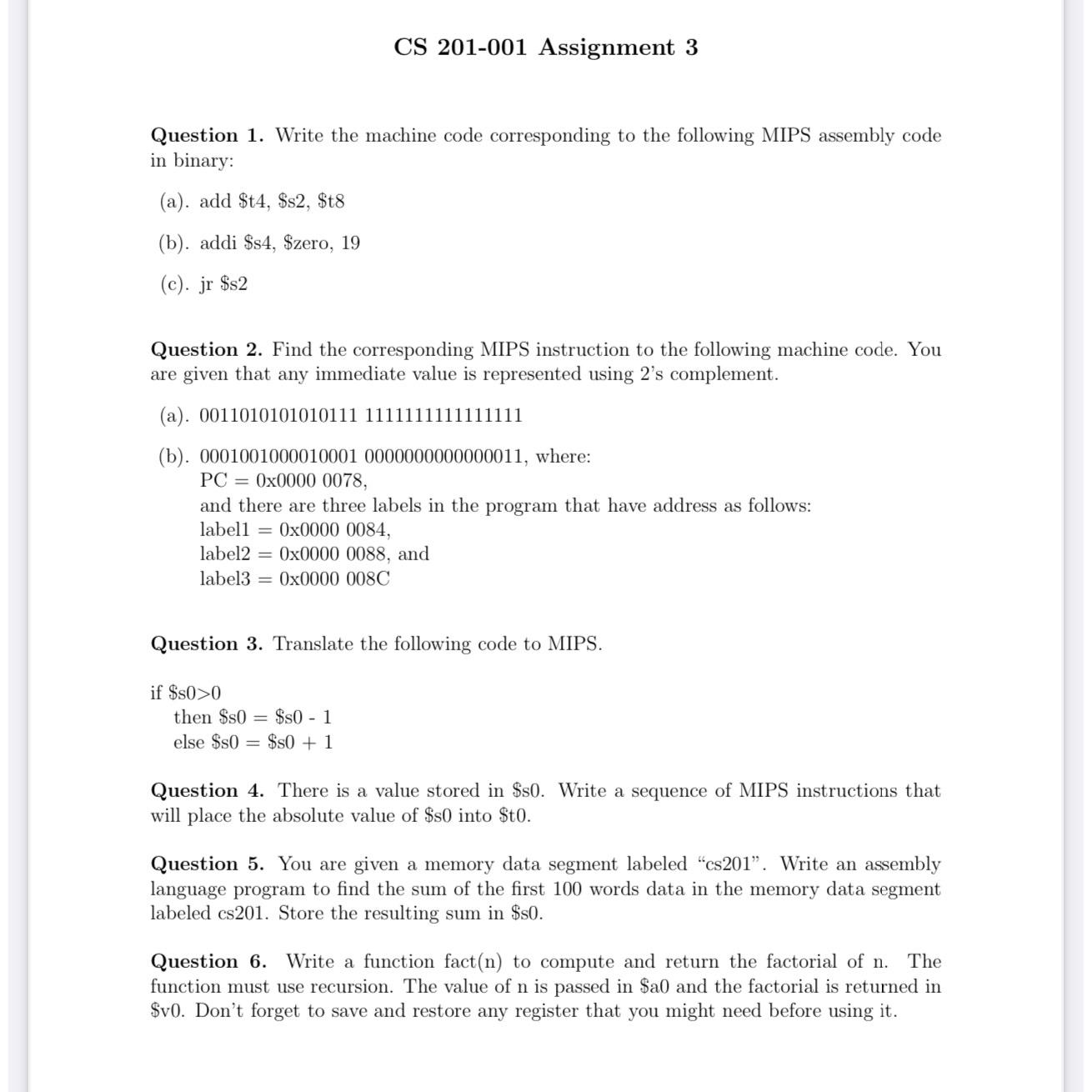 CS 201-001 ﻿Assignment 3Question 1. ﻿Write the | Chegg.com