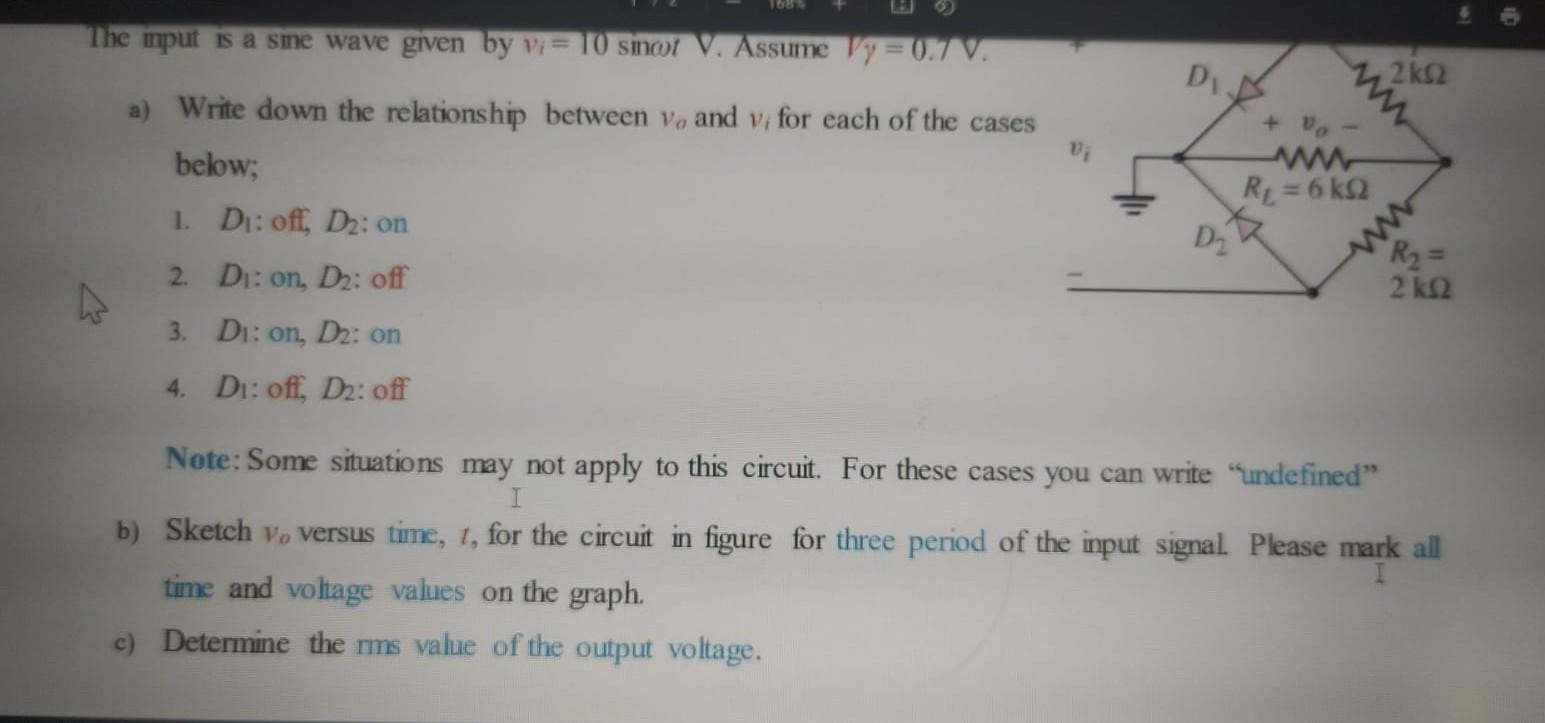 Solved The imput is a sime wave given by vi=10 sinot V. | Chegg.com