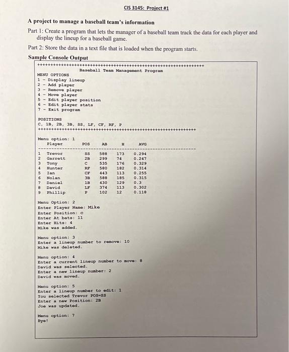 Solved CIS 3145: Project H1 A project to manage a baseball | Chegg.com