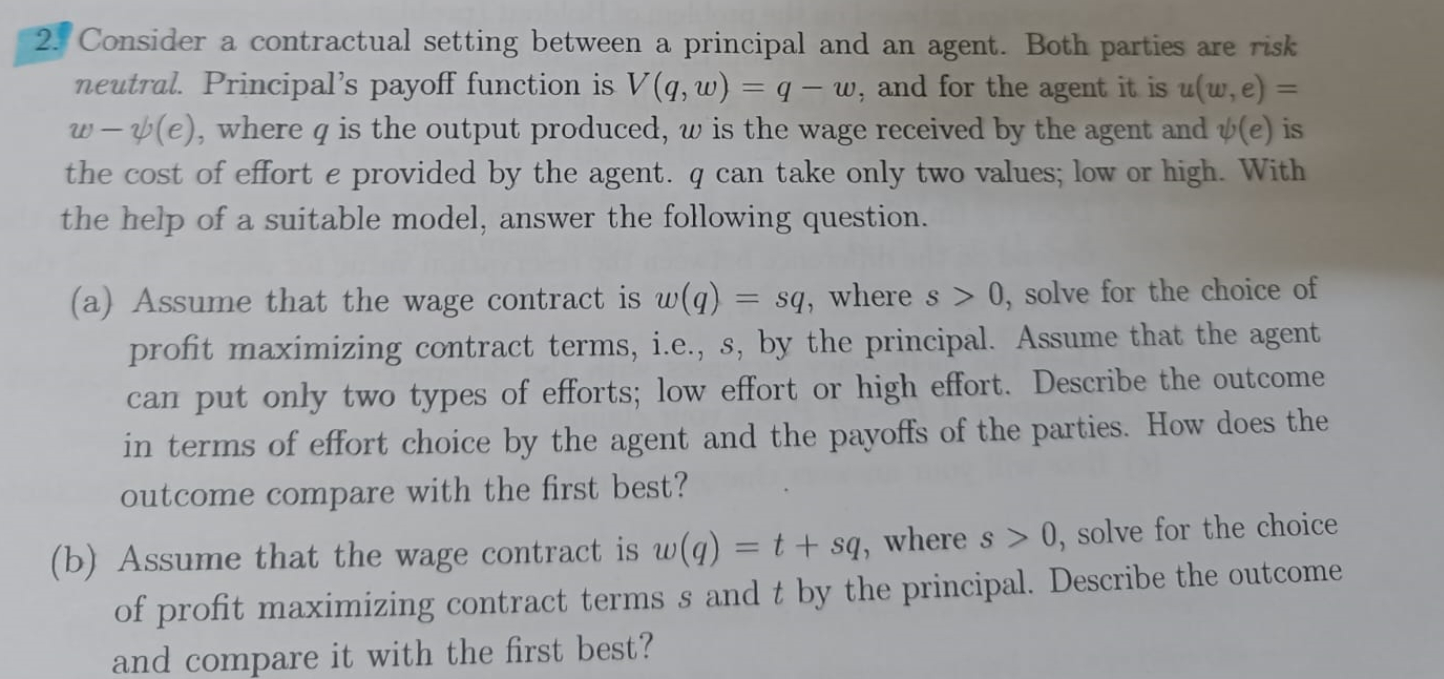 Solved Consider a contractual setting between a principal | Chegg.com
