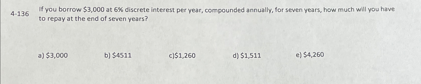 Solved 4-136 ﻿If you borrow $3,000 ﻿at 6% ﻿discrete interest | Chegg.com