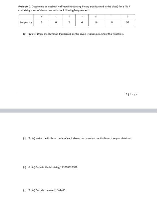 Solved Problem 2. Determine an optimal Huffman code (using | Chegg.com
