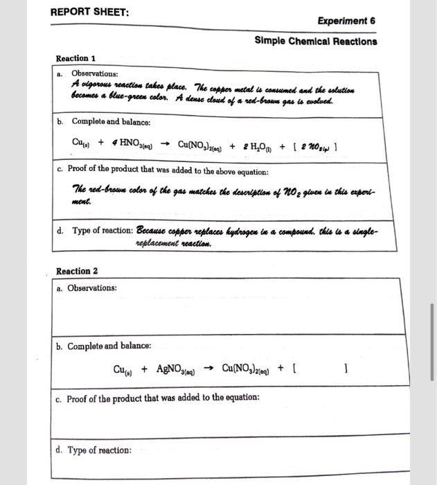Solved REPORT SHEET: Experiment 6 Simple Chemical Reactions | Chegg.com