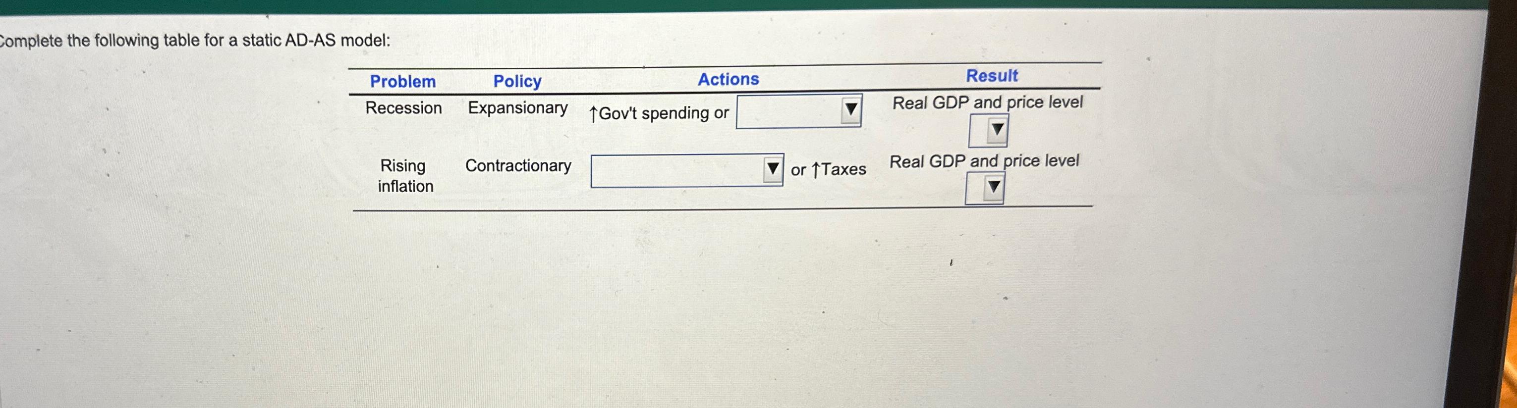 Solved Complete the following table for a static AD-AS | Chegg.com