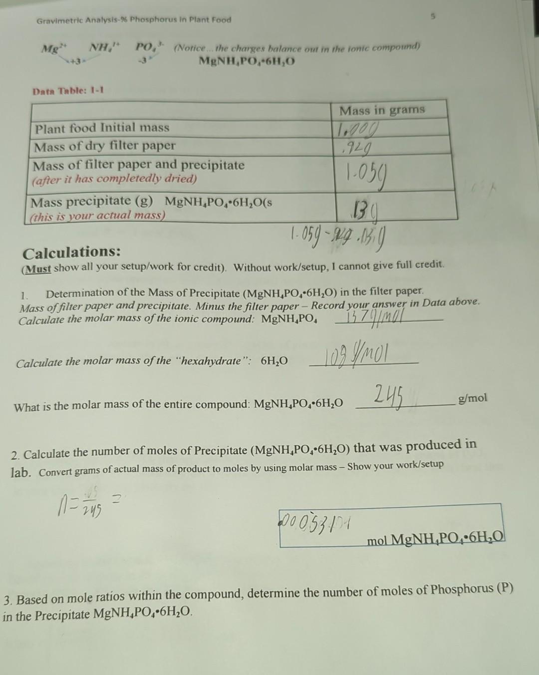 Solved Gravimetric Analysis- % Phosphorus in Plant food 5 | Chegg.com