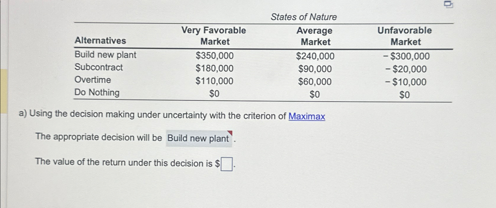 Solved States Of Nature Table[[alternatives Table[[very