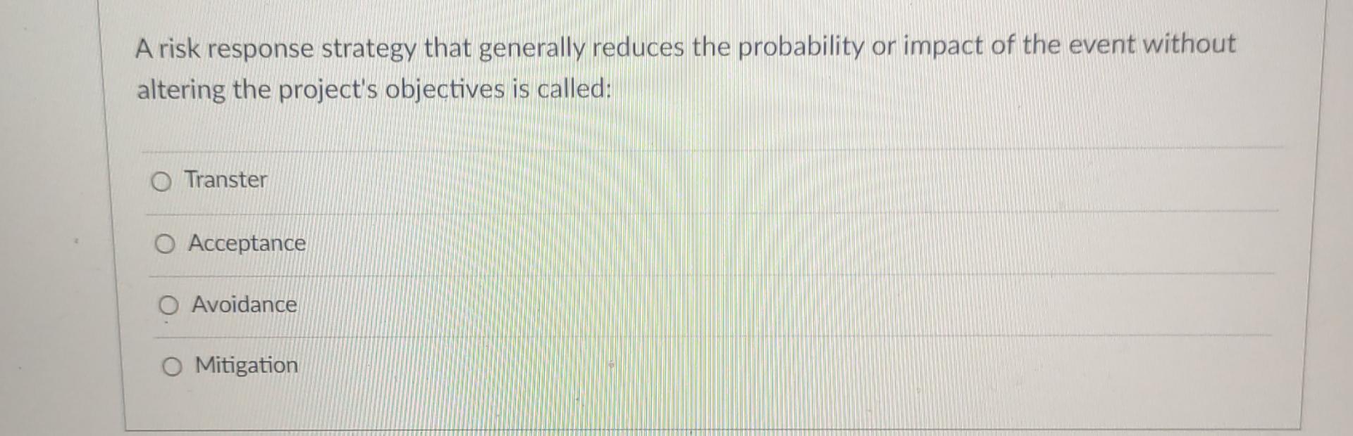 Solved A risk response strategy that generally reduces the | Chegg.com