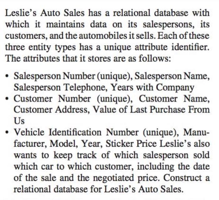 Solved Leslie's Auto Sales has a relational database with | Chegg.com