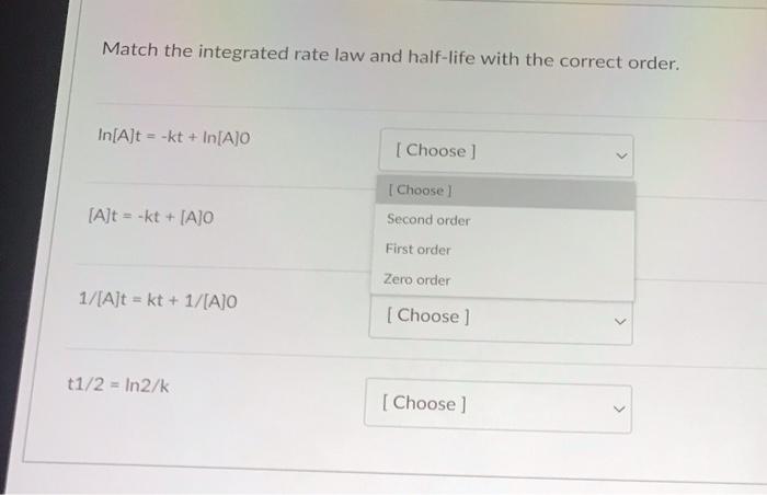 Solved Match the integrated rate law and half-life with the | Chegg.com