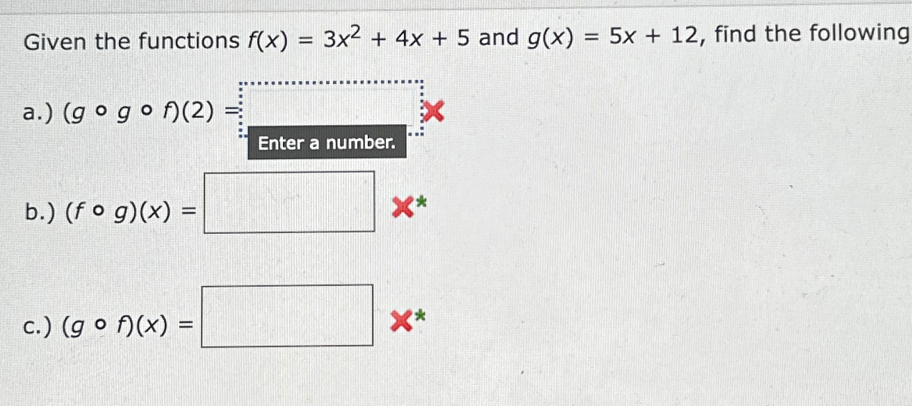 Solved Given the functions f(x)=3x2+4x+5 ﻿and g(x)=5x+12, | Chegg.com
