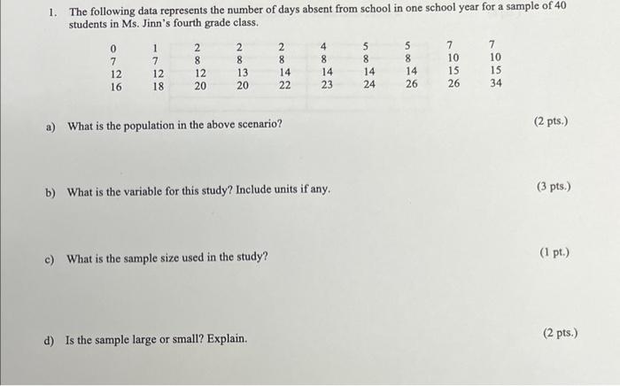 [Solved]: 1. The following data represents the number of da