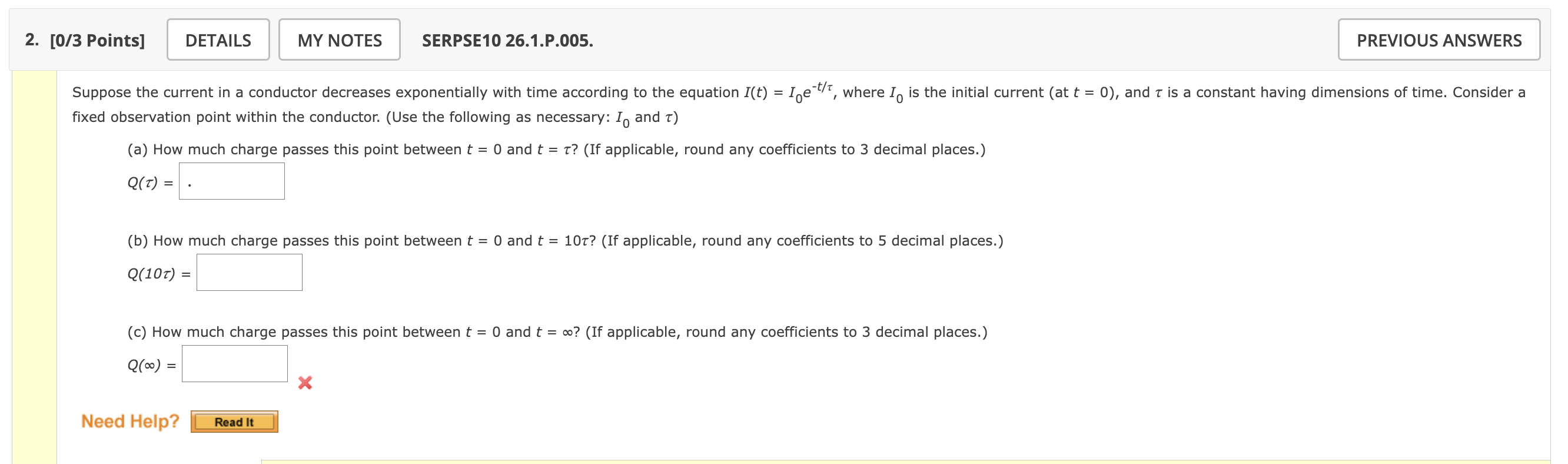 Solved [03 ﻿Points]SERPSE10 26.1.P.005.Suppose the current | Chegg.com